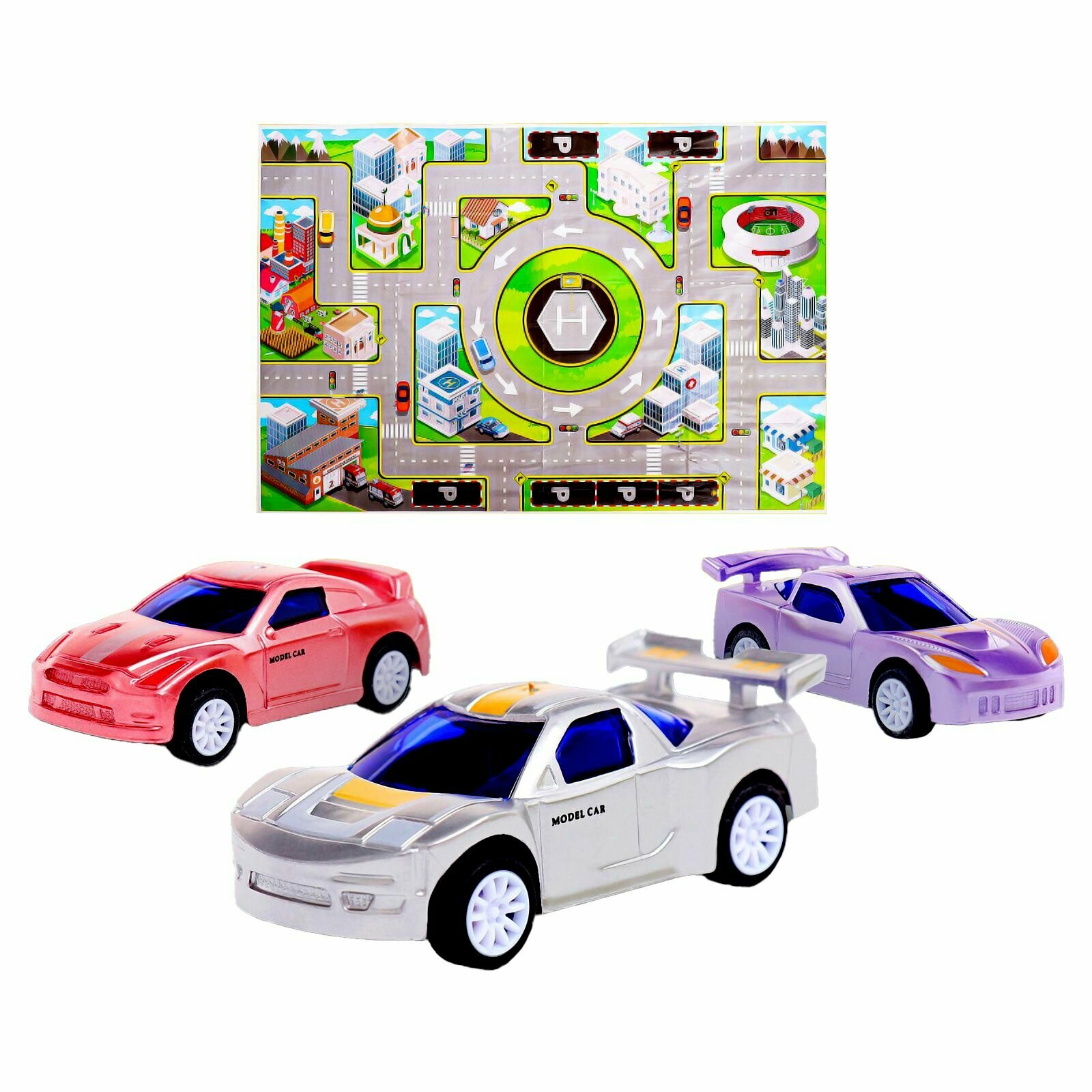 Игровой набор "Крутые гонки" детских инерционных машинок для мальчиков, маленькие пластиковые машинки-игрушки для малышей, подарок мальчику, в комплекте: 3 автомобиля и коврик-дорога