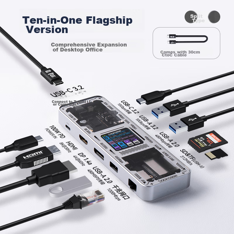 DOCKCASE Multi-Port Docking Station with Screen, Smart Type-C Expansion Dock with U2 Card Slot, Gigabit Ethernet Port, USB3.2 Desktop Expansion Dock, HDMI Converter, 8K Screen Mirroring, Compatible with Apple M1 Laptops