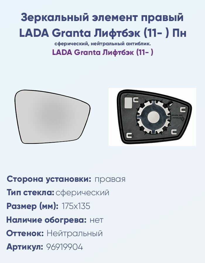 Зеркальный элемент правый Лада Гранта Лифтбэк с 2011 года выпуска по н. в. Без обогрева, c сферическим противоослепляющим зеркальным отражателем нейтрального тона.