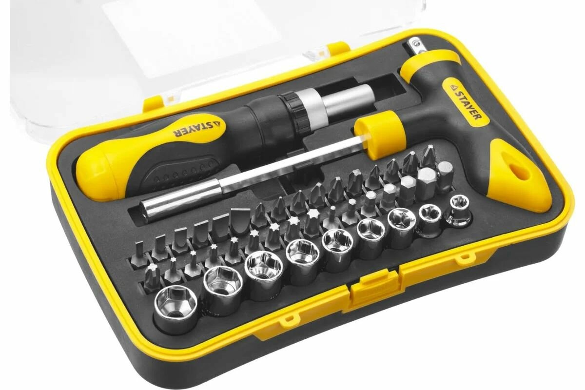 Реверсивная отвертка с насадками 43 предмета, Т-образная отвертка-битодержатель STAYER MASTER ТECHNO 25084-H43