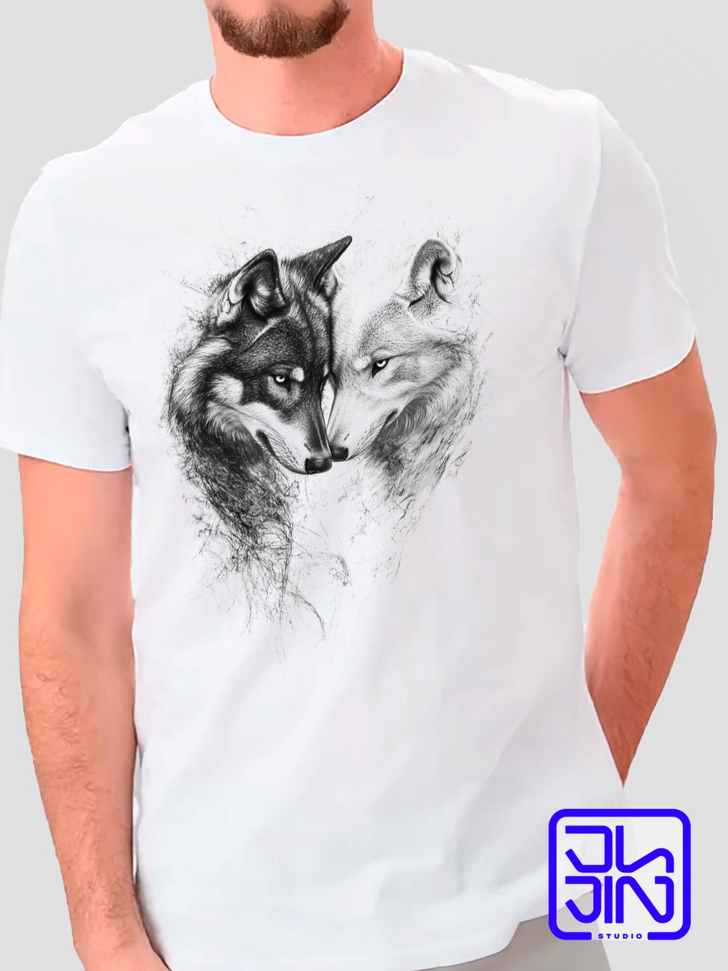 Футболка классическая мужская с авторским принтом Черно белые крутые волки с сердцем, черная графика, выразительный рисунок, белый хлопковый трикотаж с прикольным рисунком на груди