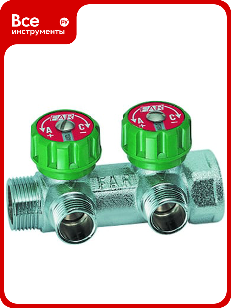 Регулирующий коллектор FAR 1" ВР-НР с 2 отв. 3/4" НР межосев. 45 мм, плск. упл. FK 3821 134TP, 45 мм,