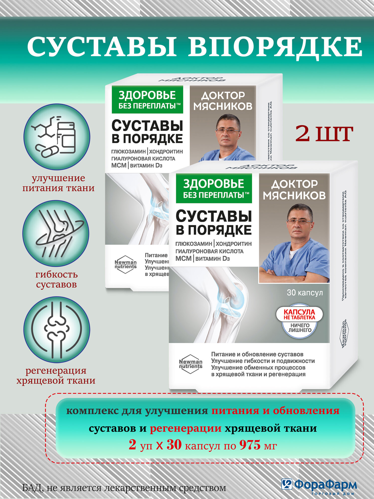 БАД для суставов и связок Хондроитин, Глюкозамин, МСМ, Витамин D3, Гиалуроновая кислота. Доктор Мясников ТМ Здоровье без переплаты капсулы 975мг. №30. ГК ФораФарм. набор 2 шт.