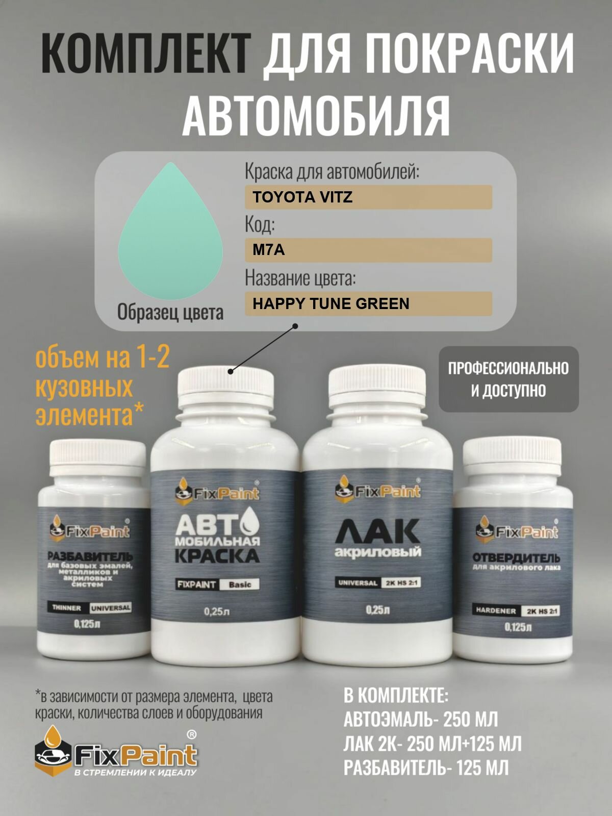 Комплект для покраски TOYOTA VITZ, код M7A, HAPPY TUNE GREEN, базовая автомобильная краска 250 мл, лак 2K 250 мл с отвердителем, разбавитель 125 мл, FixPaint Pro
