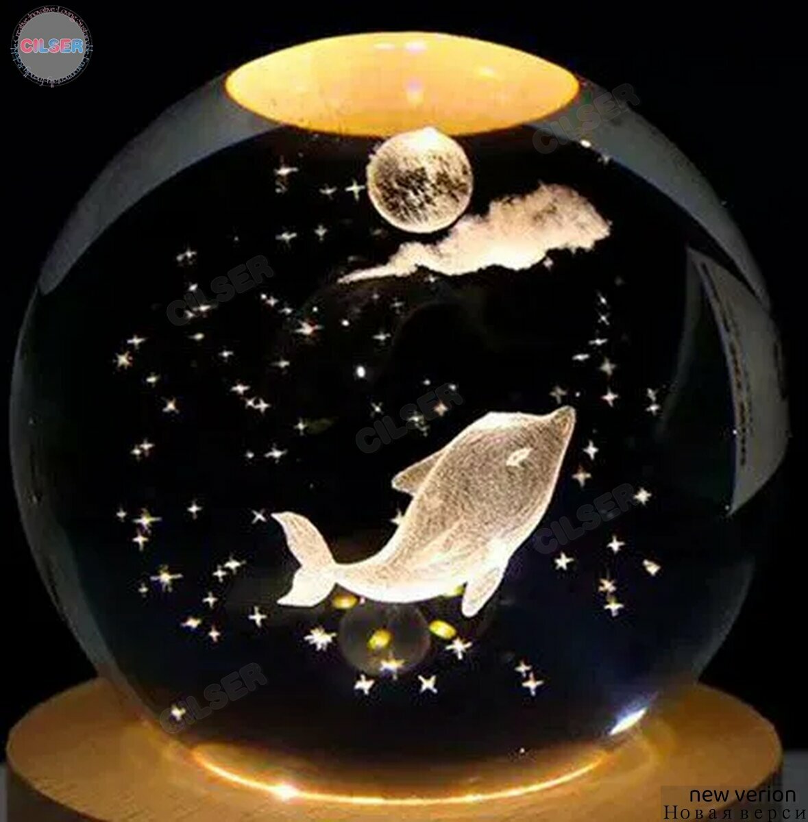 Светильник декоративный "Хрустальный шар" с подсветкой Дельфин, от USB, шар 6см, С пультом