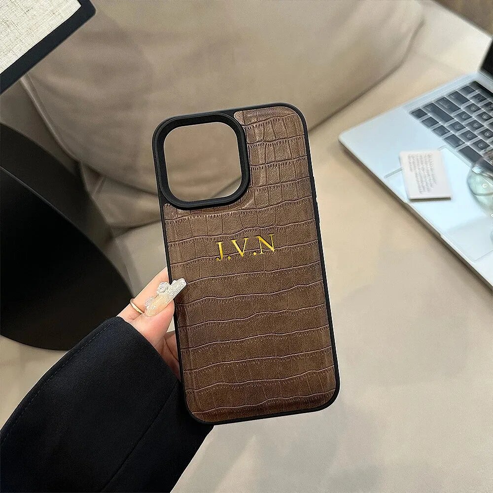Роскошный персонализированный чехол из крокодиловой кожи для iPhone 11, 12, 13, 14, 15, 16 Pro Max, чехол с индивидуальными инициалами и буквами, 16 Pro Для iPhone 16 Pro Макс, Brown