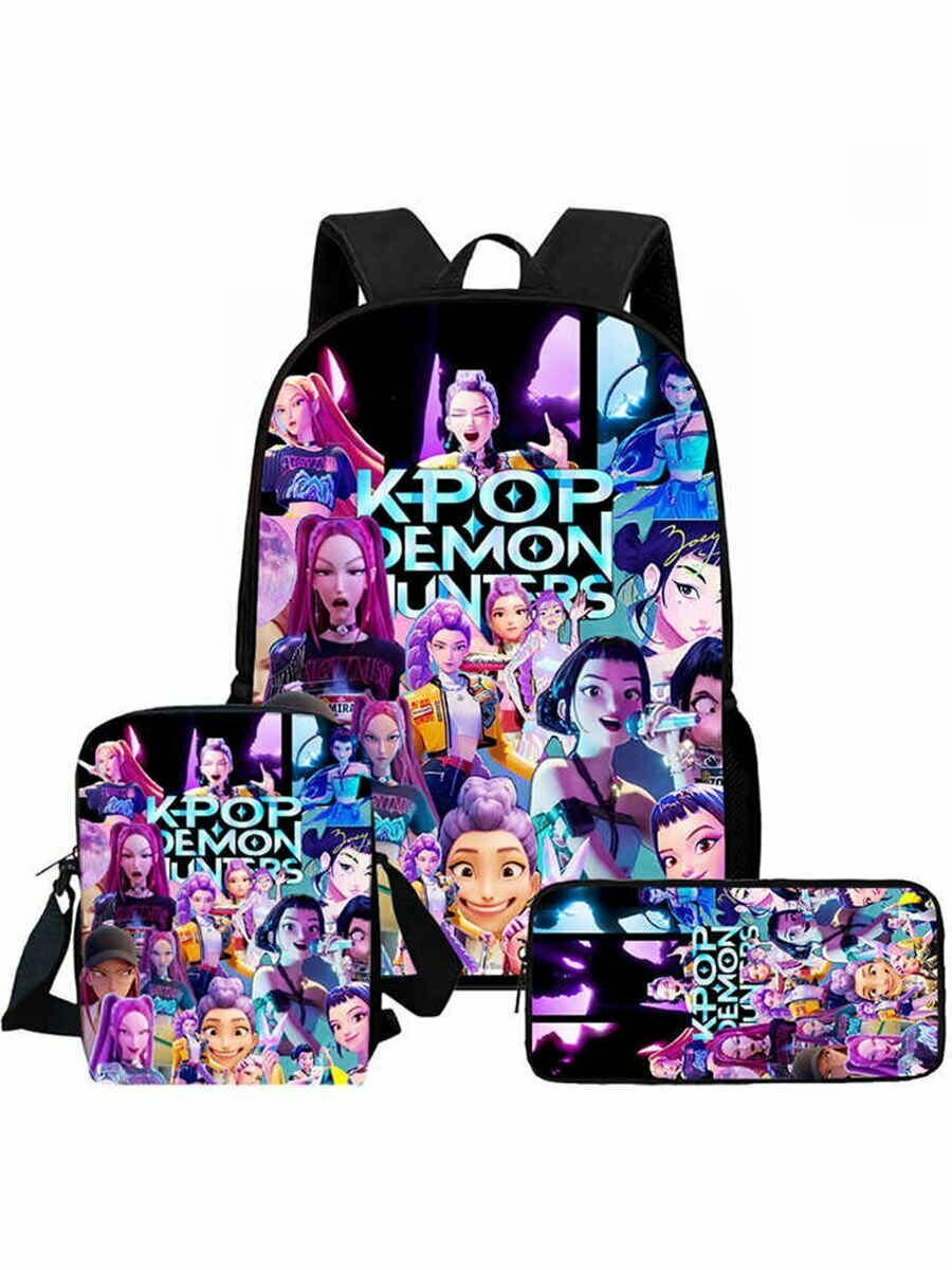 Детский набор из 3 предметов с принтом "K-POP Demon Hunter": рюкзак, сумка через плечо и пенал. Для школы, путешествий и кемпинга.