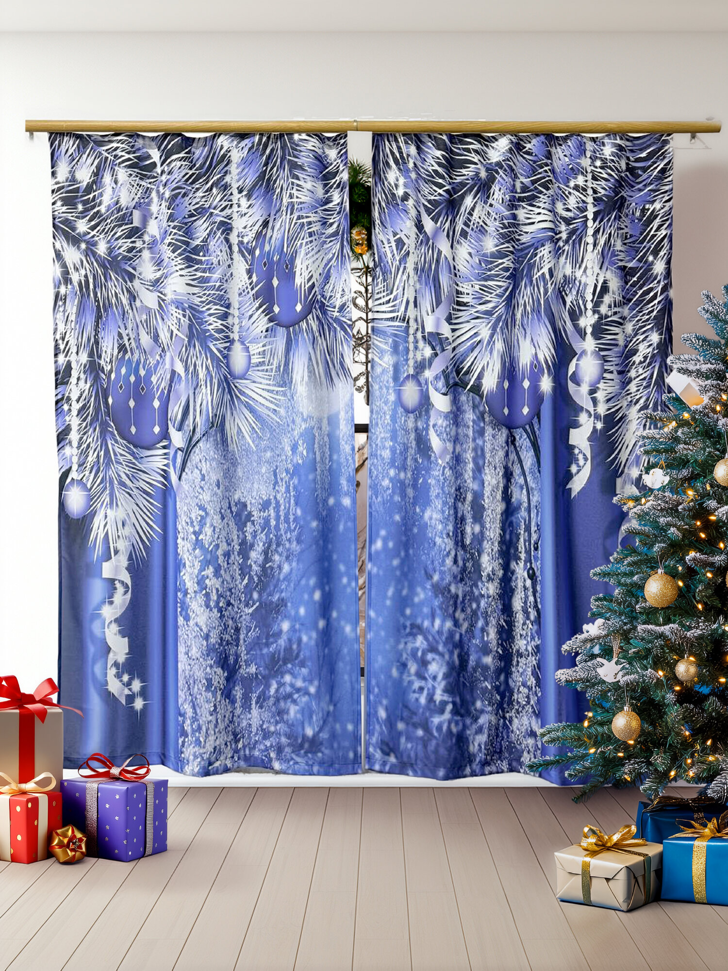 Шторы новогодние в гостиную в спальню в детскую Синий иней 145*270 (2) (МарТекс)