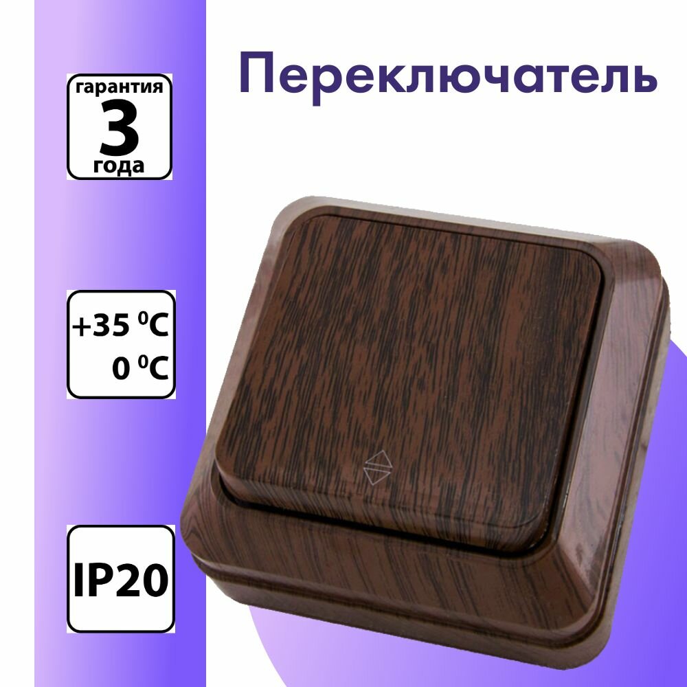 Переключатель на 2 направления одноклавишный открытой установки IP20 10А, бук Ладога TDM