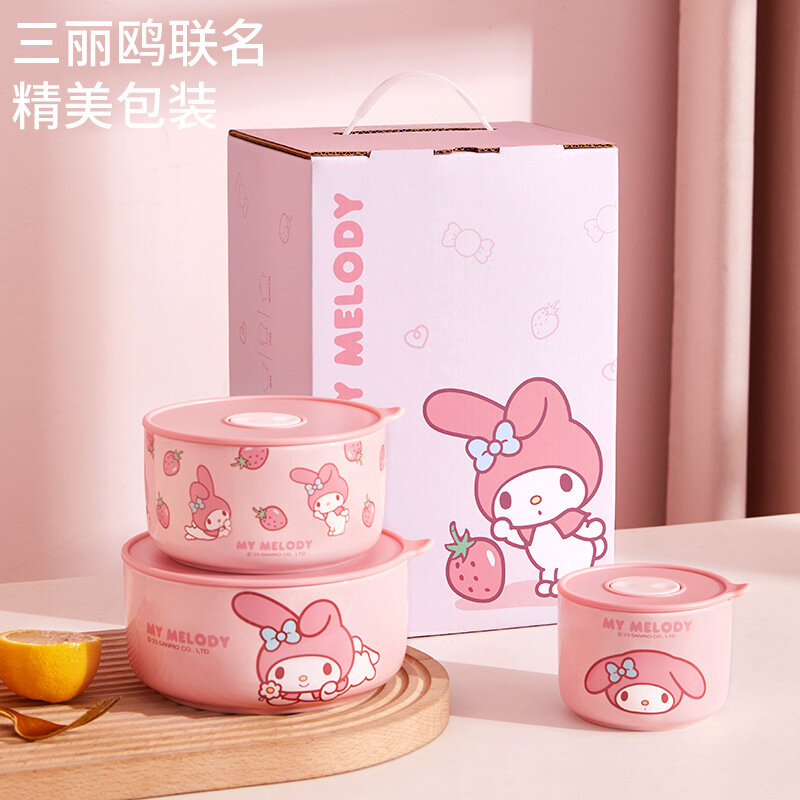 Набор ланч-боксов Sanrio с герметичной крышкой, пригодный для использования в микроволновой печи, и керамическая миска для хранения продуктов, идеально подходящая для офисных работников и студентов.