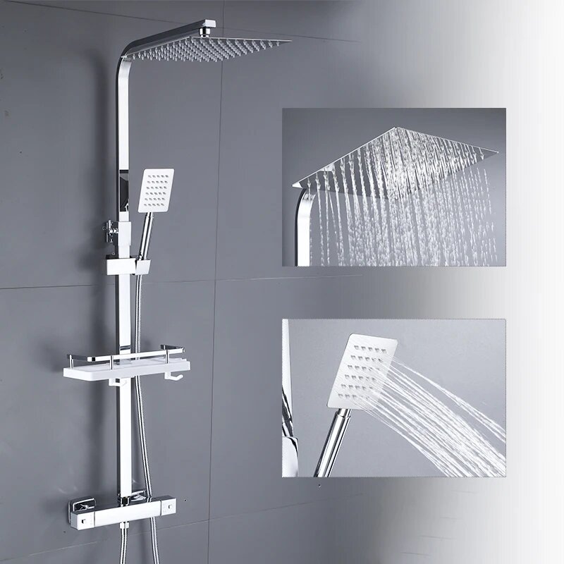Брассовый термостатический душевой кран для ванной комнаты Комплект смесителя для душа Система душа Кран для ванны Дождевой душ-Хром-2 пути
