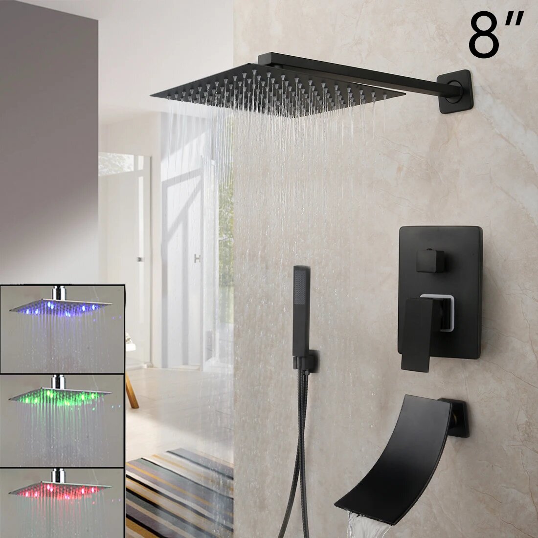 Матовый черный душевая кран для ванной комнаты Дождевой ванно-душевой система с LED Светодиодная квадратная душевая головка Водопадный смесительный кран-LED 8 дюймов 3 пути