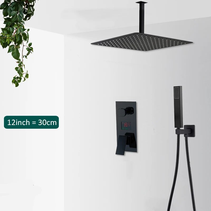 Матовый черный душевой смеситель с светодиодным цифровым дисплеем, комплект дождевого водопада, черная ванна, система душа, цифровой душевой смеситель с ЖК-дисплеем - 2хходовой 12-дюймовый потолочный