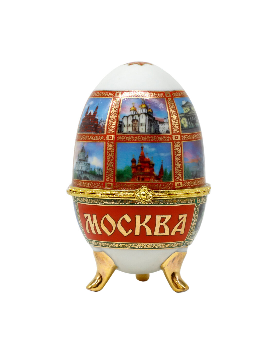 Яйцо-шкатулка " Виды Москвы ", керамика, красное , упаковка.