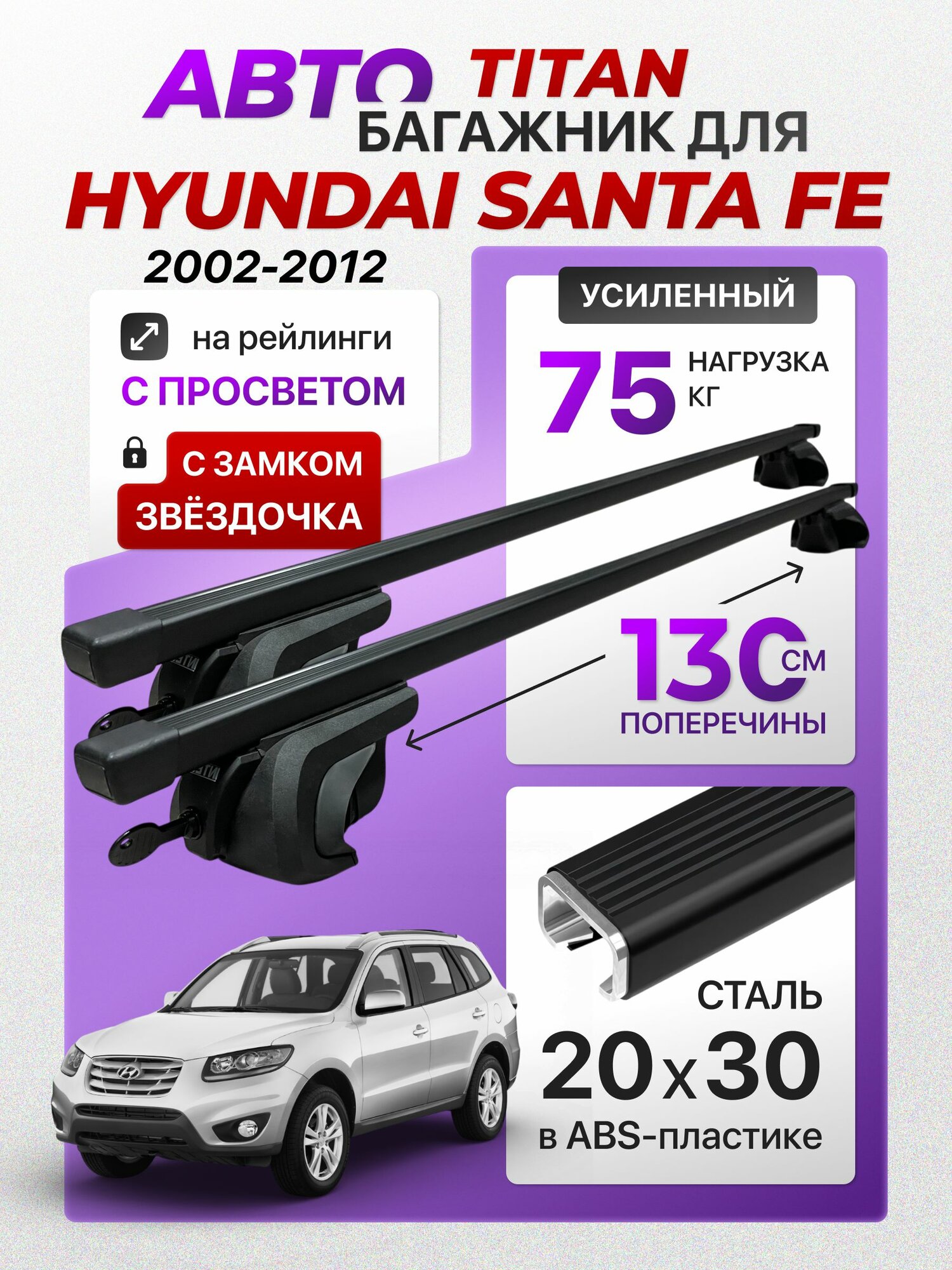 Багажник для Hyundai Santa Fe (Хендай Санта Фе) с 2000 по 2012 года, Titan-130 20х30, на рейлинги с просветом