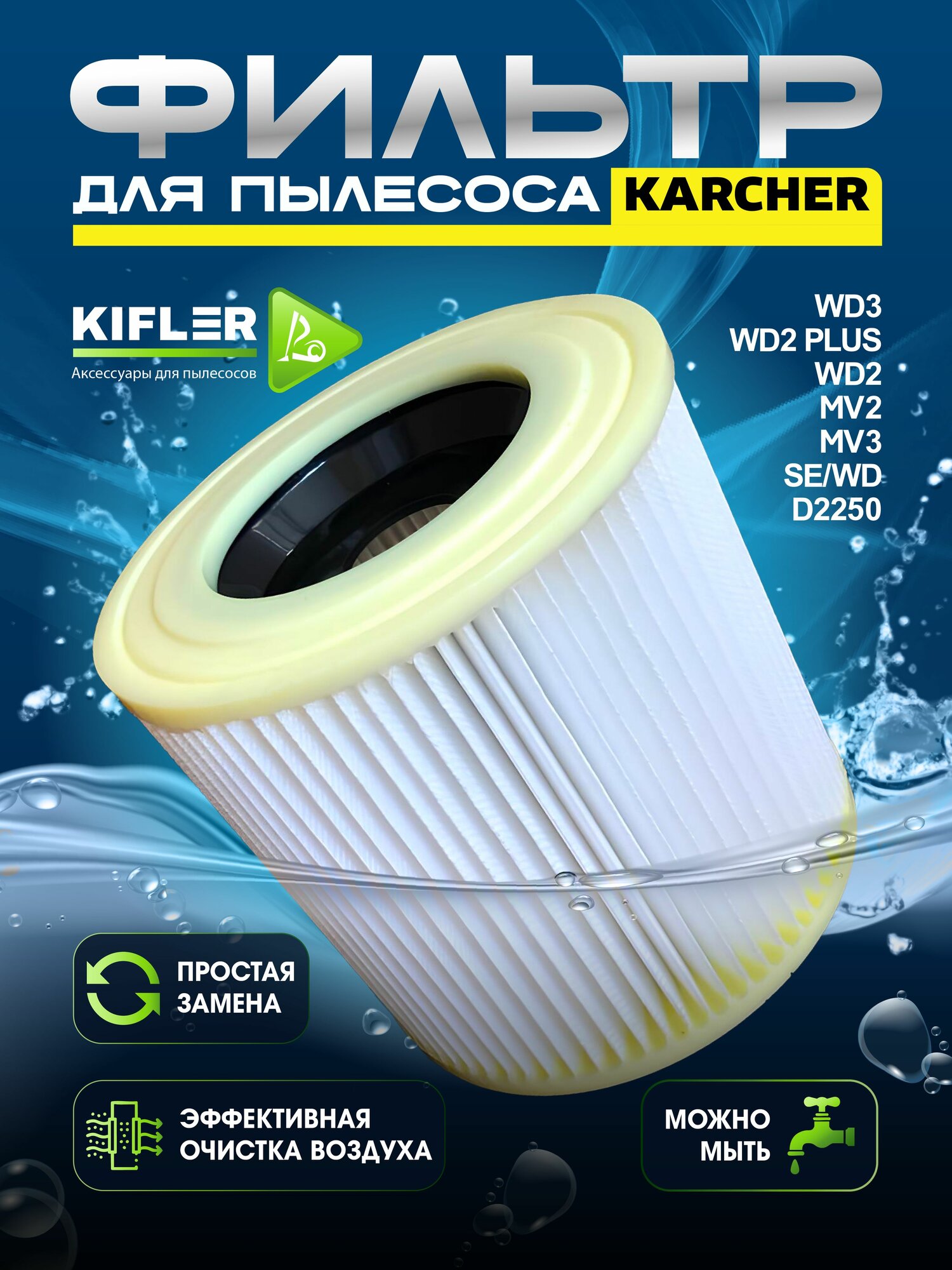 Фильтр для пылесоса Karcher WD3, WD2 Plus, WD3 Premium моющийся, складчатый, патронный, KWD3, керхер ВД3