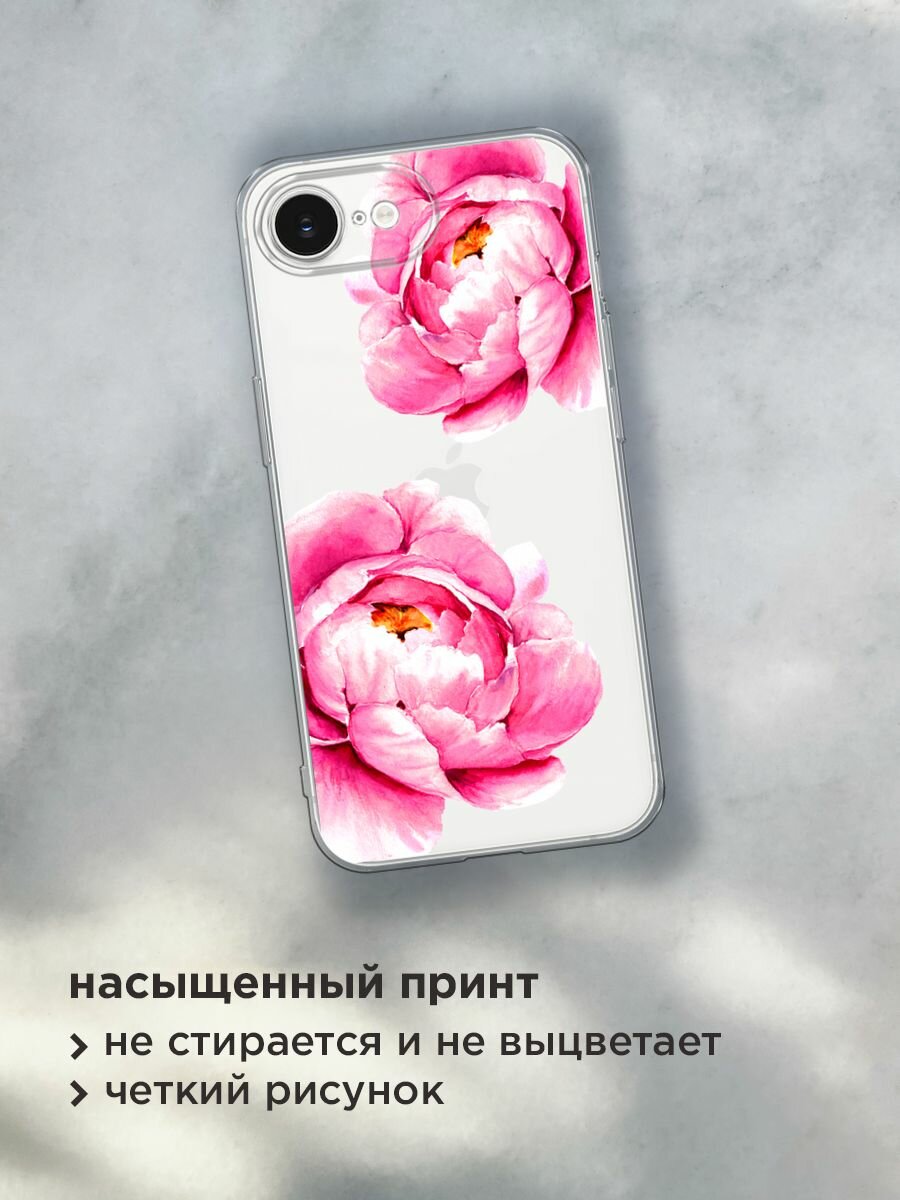 Чехол на Apple iPhone 16e/17e / Айфон 16е/17e с принтом "Open peonies", прозрачный — фото 1