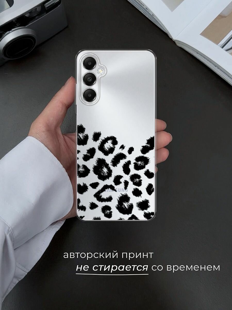 Чехол на Samsung Galaxy A05s / Самсунг Галакси A05s с принтом "Окрас леопарда фон черный", прозрачный — фото 1
