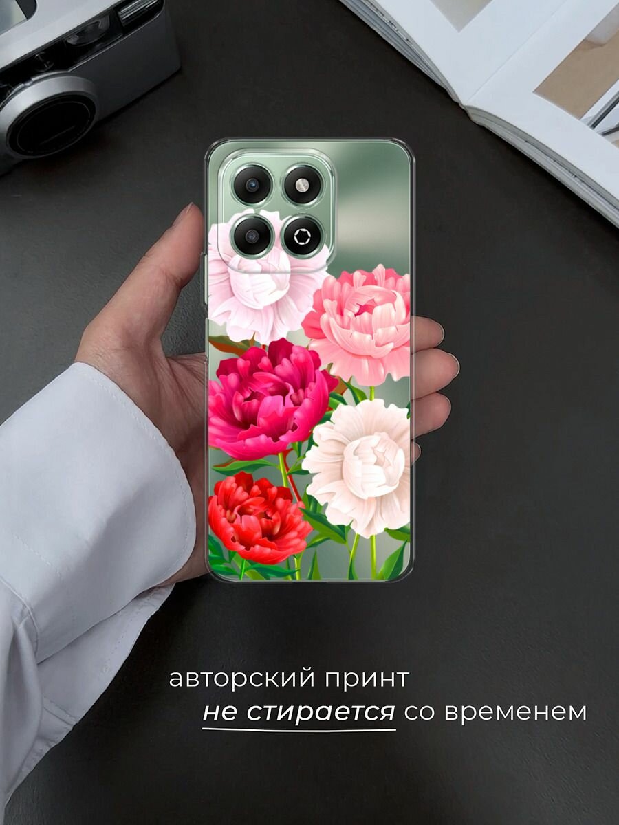 Чехол на Honor X6b / Хонор X6b с принтом "Большие пионы", прозрачный — фото 1