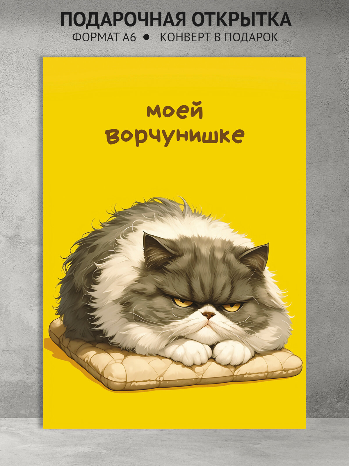 Подарочная открытка со смешной иллюстрацией персидского кота "Моей ворчунишке" с днем рождения, с юбилеем, без повода