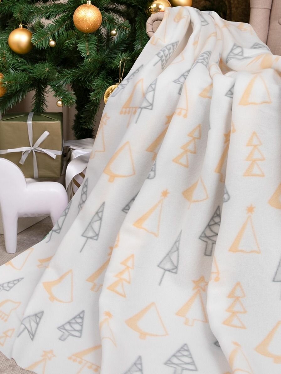 Плед новогодний, 130х170 см, флисовый, "Новогодние елочки", белый