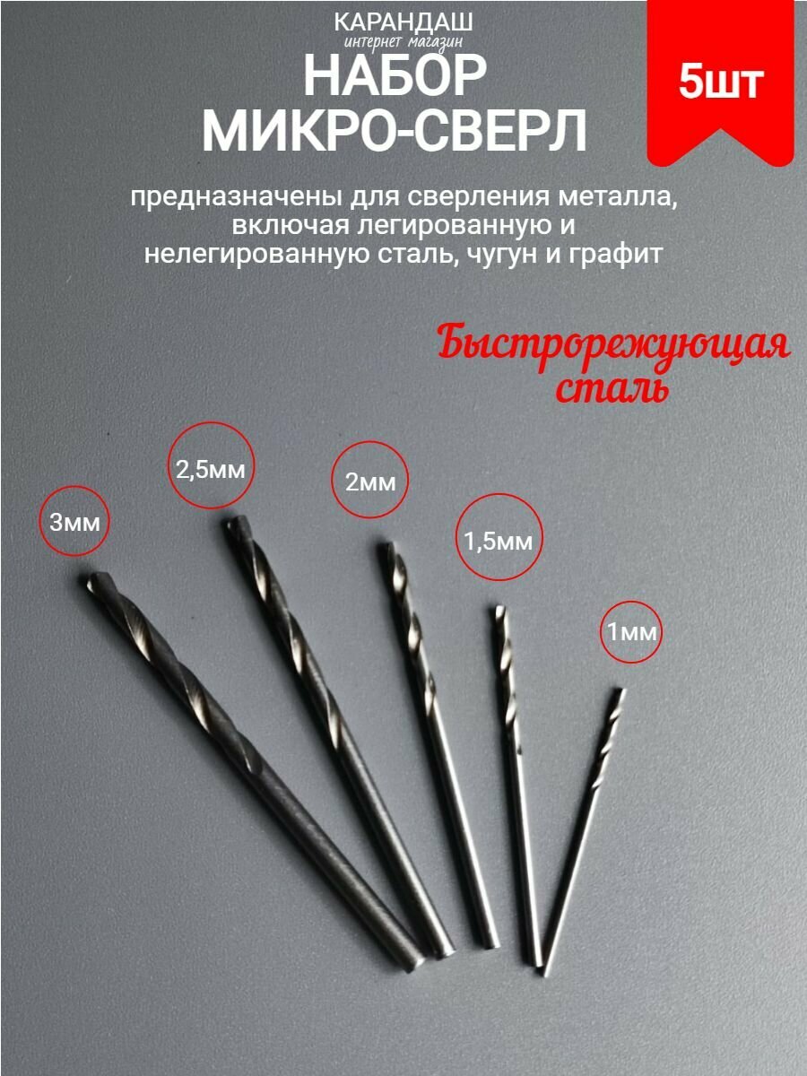 Набор микро-сверл из быстрорежущей стали 5шт