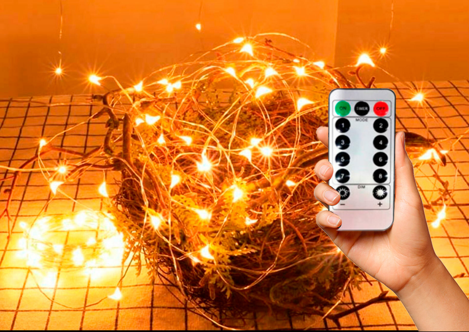 Гирлянда нить Роса USB с пультом 10м 8 режимов 100 LED 3000К Белый Теплый Giant4