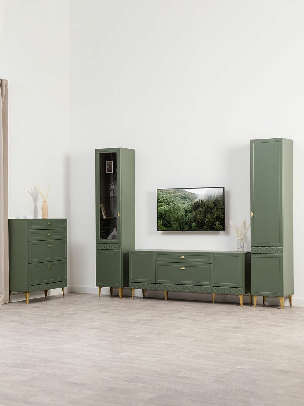 Гостиная комплект Марион Практик, ТВ-тумба, шкаф-пенал, шкаф-витрина, 240.1х36.9х200 см, Дымчатый зеленый / Олива шагрень