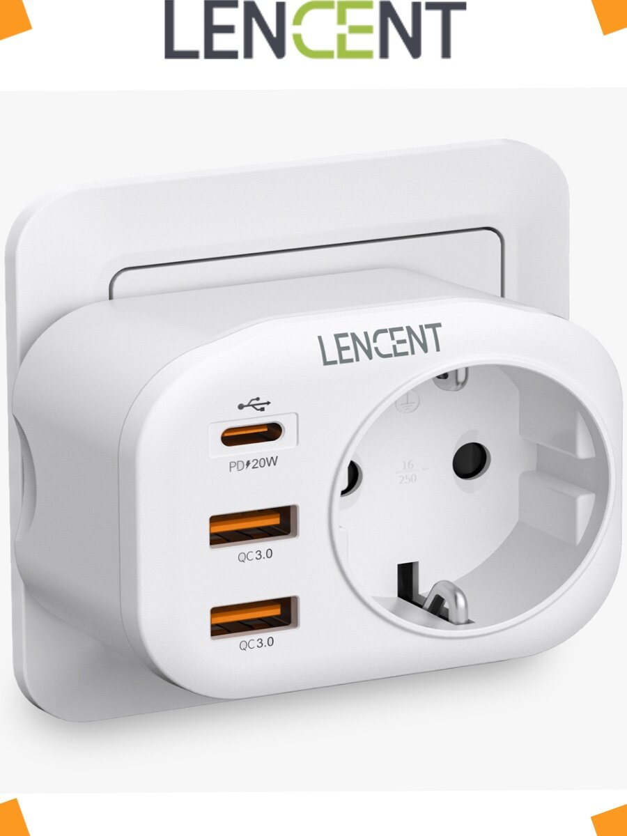 USB-розетка LENCENT 4 в 1 быстрая сетевая зарядка 4000 Вт 2хUSB QC3 1хUSB-С PD20W (WW09-F-PD)