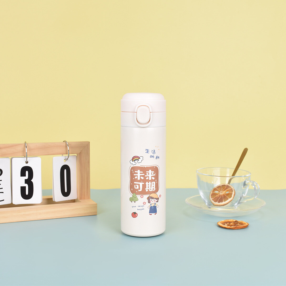 Симпатичная термобутылка для воды с рисунком из мультфильмов для студентов и детей, свежая и стильная чашка в форме горошины из нержавеющей стали 304, идеально подходит для использования на открытом воздухе.