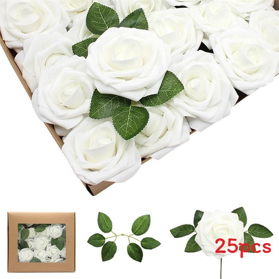 Foam rose flower wedding centerpiece accessories with stem for home and outdoor decor white