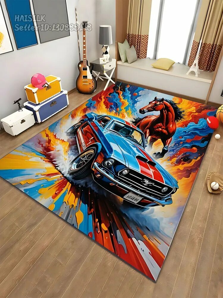 Ковер Креативный узор с лошадью и спортивным автомобилем. ковры на пол для комнаты. коврик для детей на пол 150x200 см