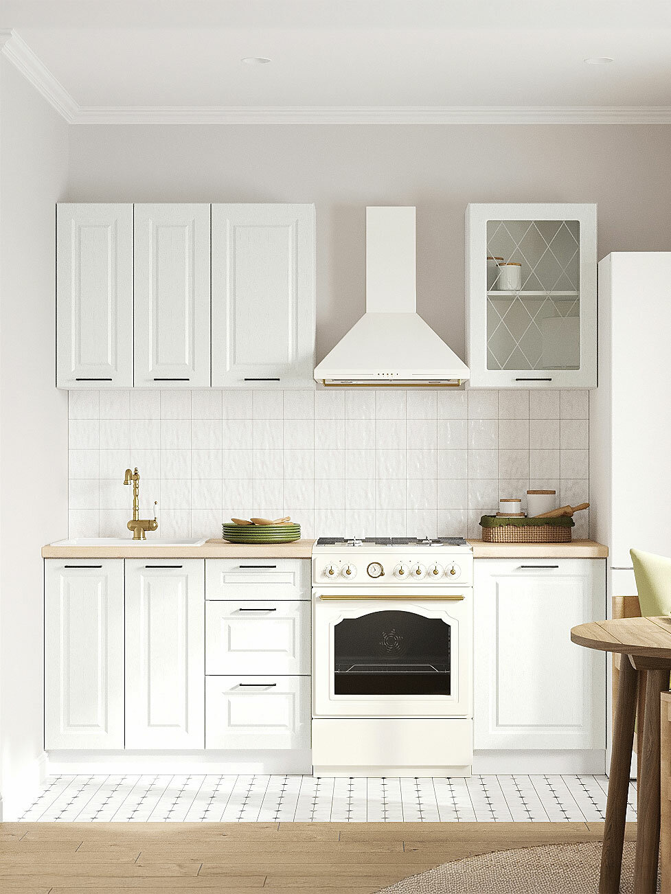 Кухонный гарнитур Шервуд 1.5 м, мебель для дома и кухни, Белый / Арктик со стеклом