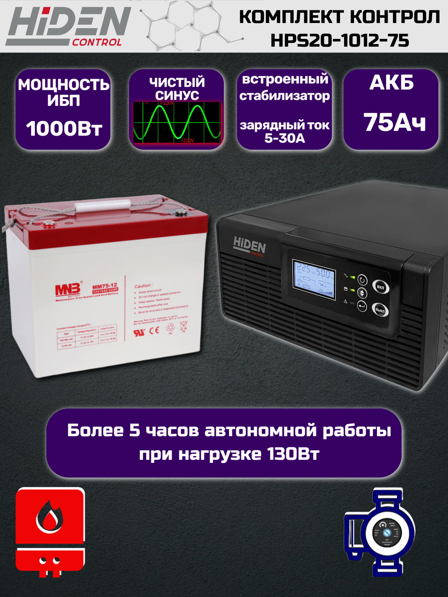 Комплект ИБП Контрол HPS20-1012-75 для газового котла и циркуляционных насосов (1000Вт, 75Ач)