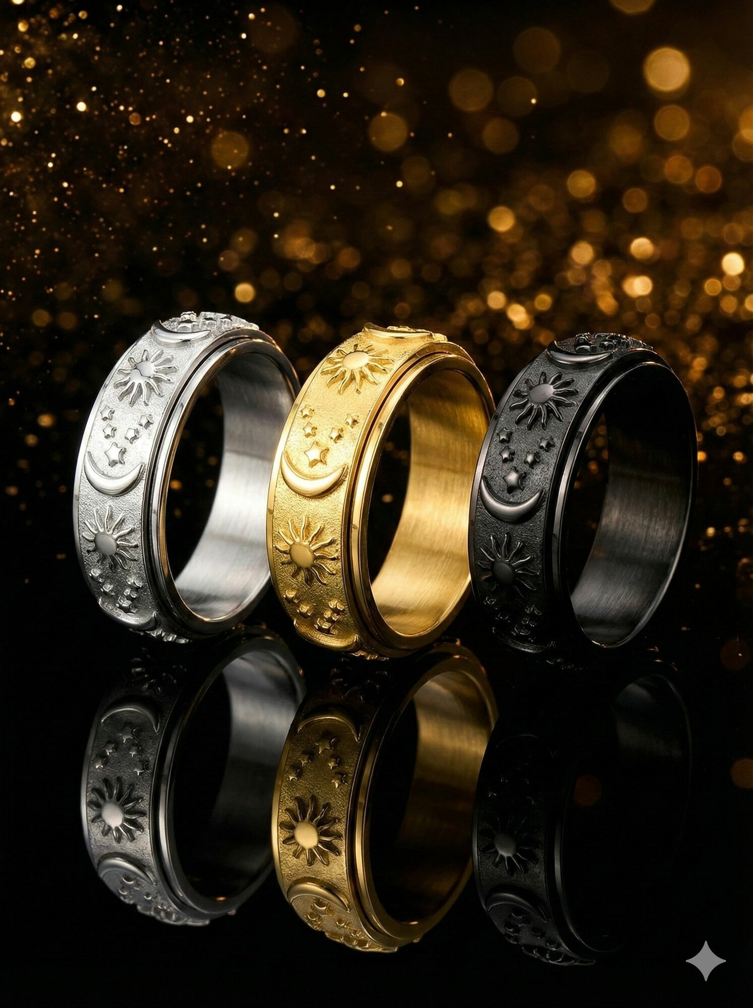 Vantacore Кольцо-антистресс вращающееся "Солнце и Луна", женское кольцо-спиннер из нержавеющей стали