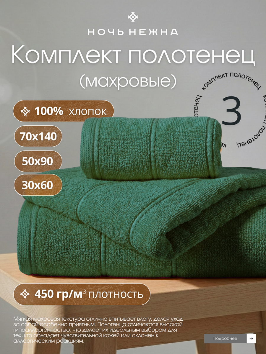 Набор полотенец махровых Ночь Нежна "Patterns" Зеленый 30х60, 50х90, 70х140 (3 шт.)