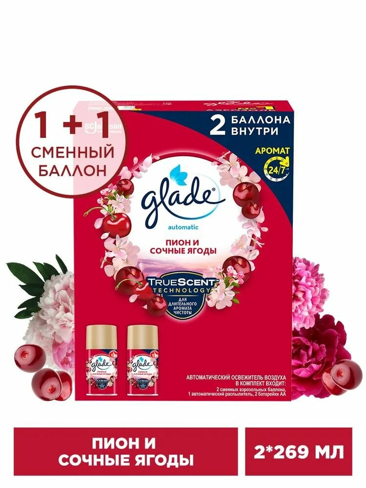 Освежитель воздуха Glade Automatic "Пион и сочные ягоды", комплект с 2 сменными баллонами 269 мл