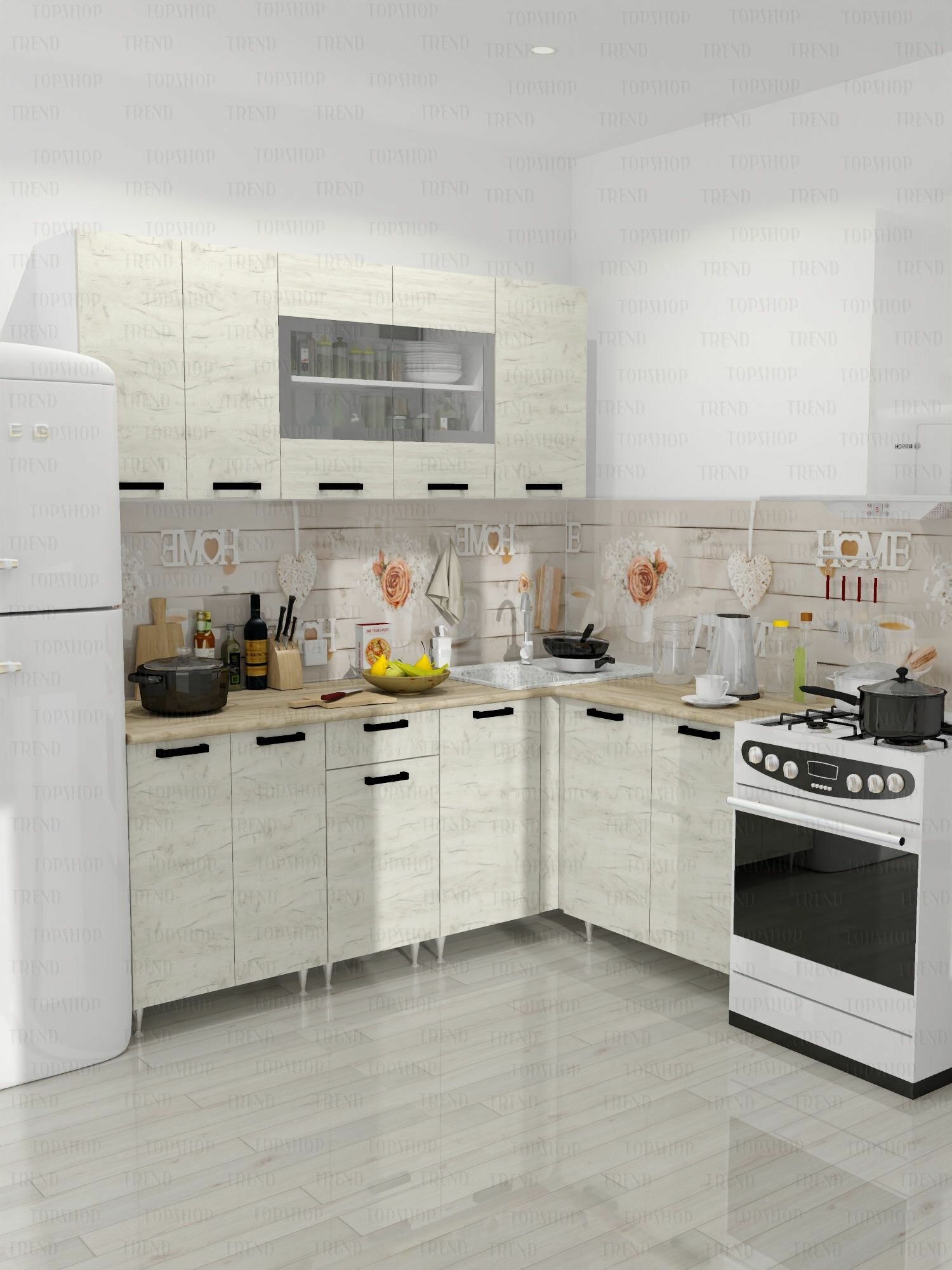 Угловой кухонный гарнитур 2.0х1.4 м, Крафт белый /Сонома