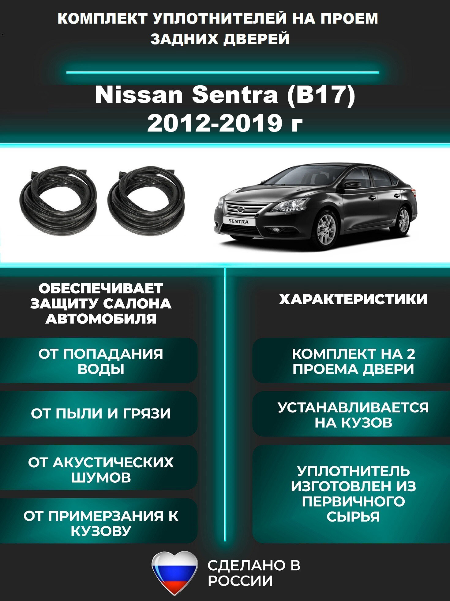 Комплект уплотнителей проема задних дверей подходят на Nissan Sentra (B17) 2012-2019 г./ Ниссан Сентра В17 - 2 штуки