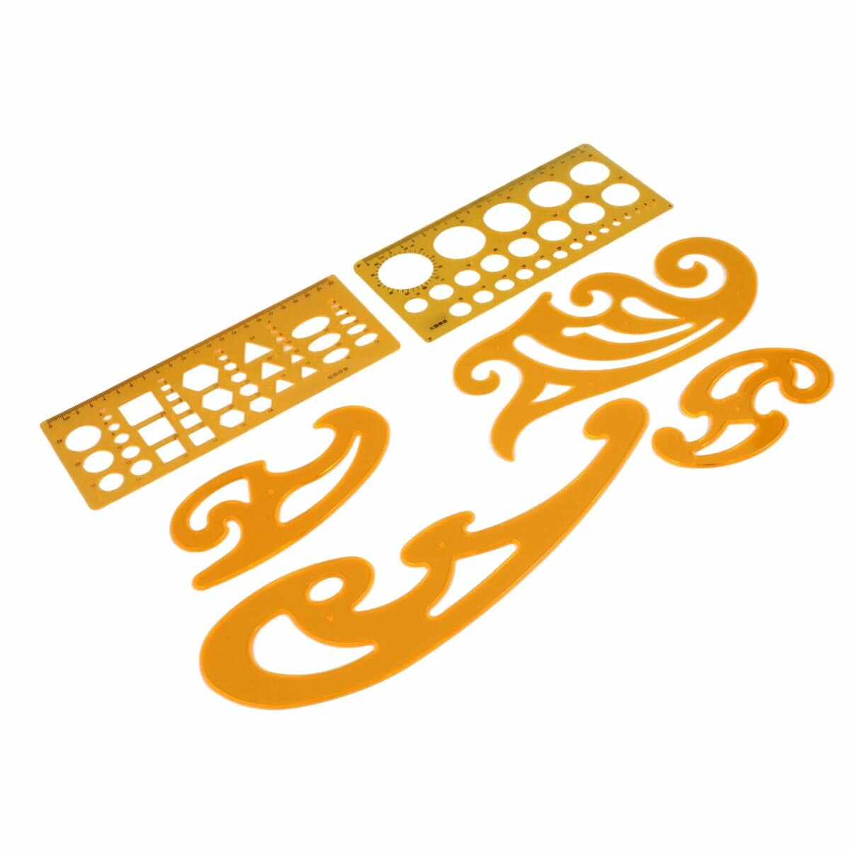 Набор линеек и шаблонов для черчения и рисования, 6 прозрачных пластиковых лекал, круги овалы квадраты треугольники, школьный и студенческий набор для чертежей и графики, желтый