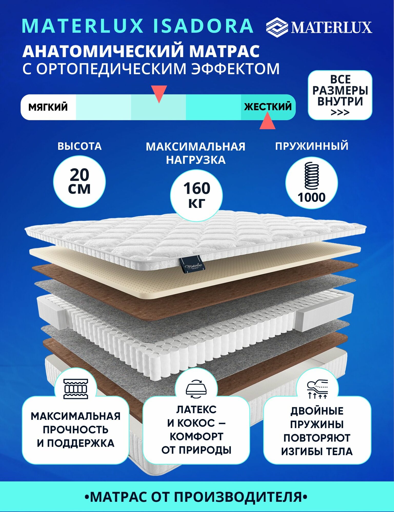 Матрас Materlux Isadora 180х200 серии Lux высота 20 см анатомический жесткий средней жесткости кокосовый латексный