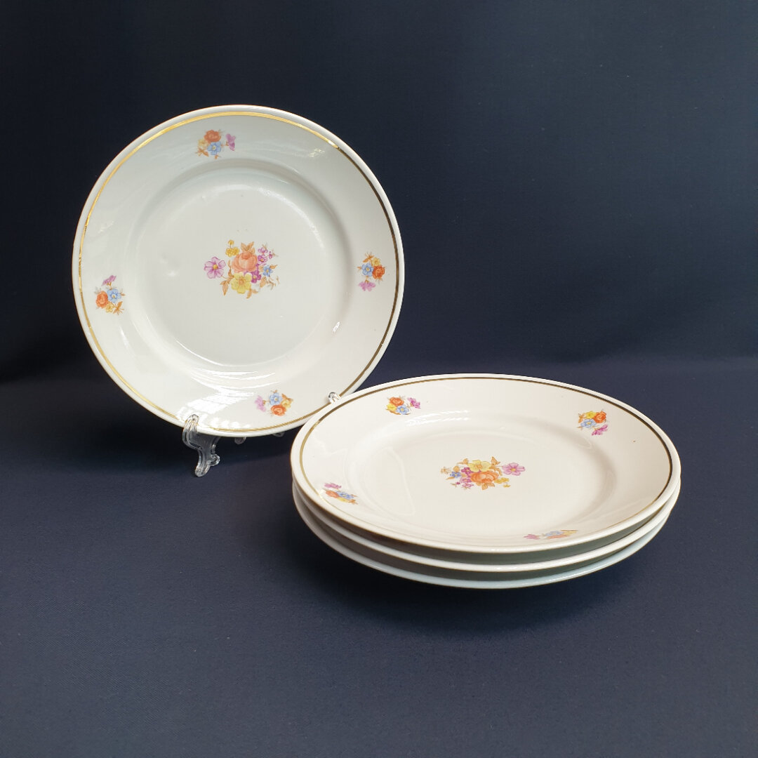 Набор из 4 десертных тарелок Чайка, фарфор деколь позолота 195 мм, винтаж СССР