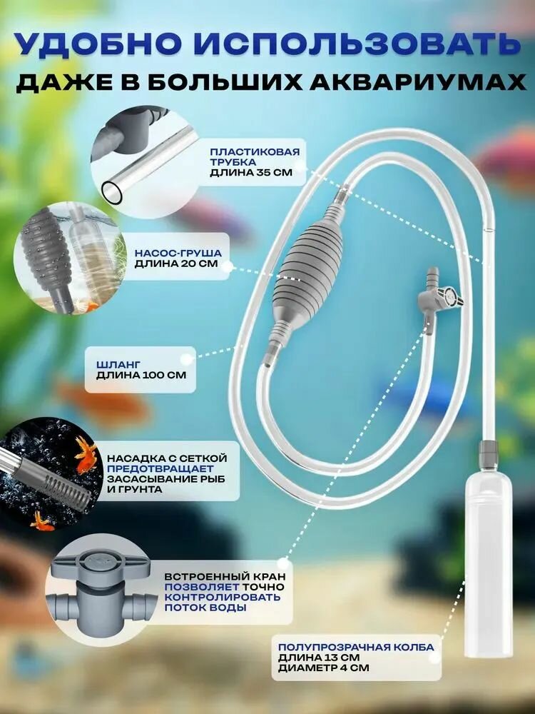 Грунтоочиститель для аквариума сифон с ручным насосом 1.7 метра - набор для чистки грунта и подмены воды с насадками