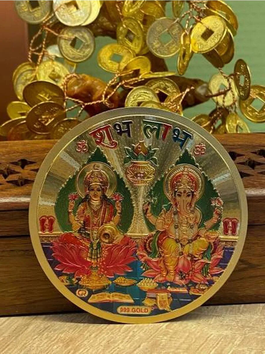 Наклейка девять драконов "Лакшми и Ганеша", круглая, бумага, цвет зеленый, золотистый