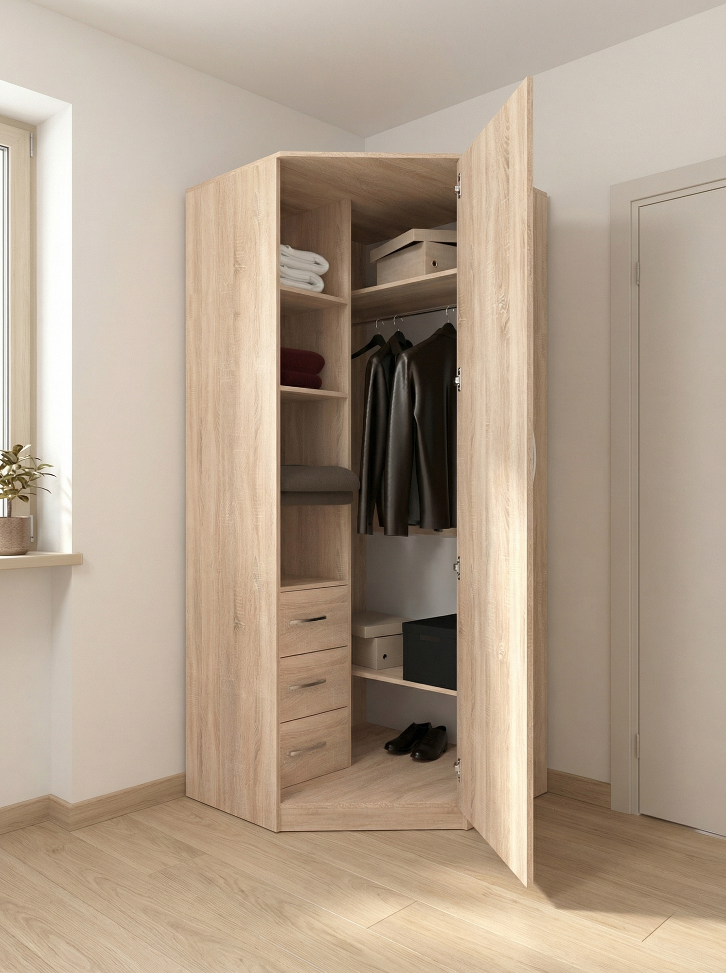 Шкаф угловой распашной Анри-2 с 3 ящиками, 6 полками и штангой для вешалок, дуб сонома