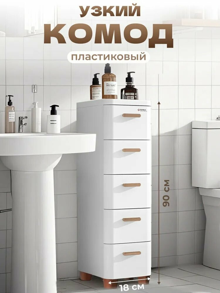 Узкий комод пластиковый напольный на ножках и колесиках.