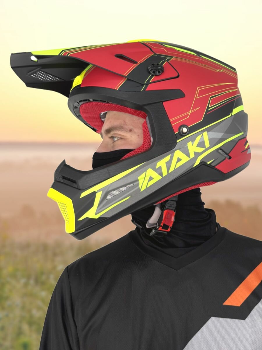 Шлем кроссовый ATAKI SC-18 BLAZE - красный, серый, Hi-Vis зелёный матовый размер S