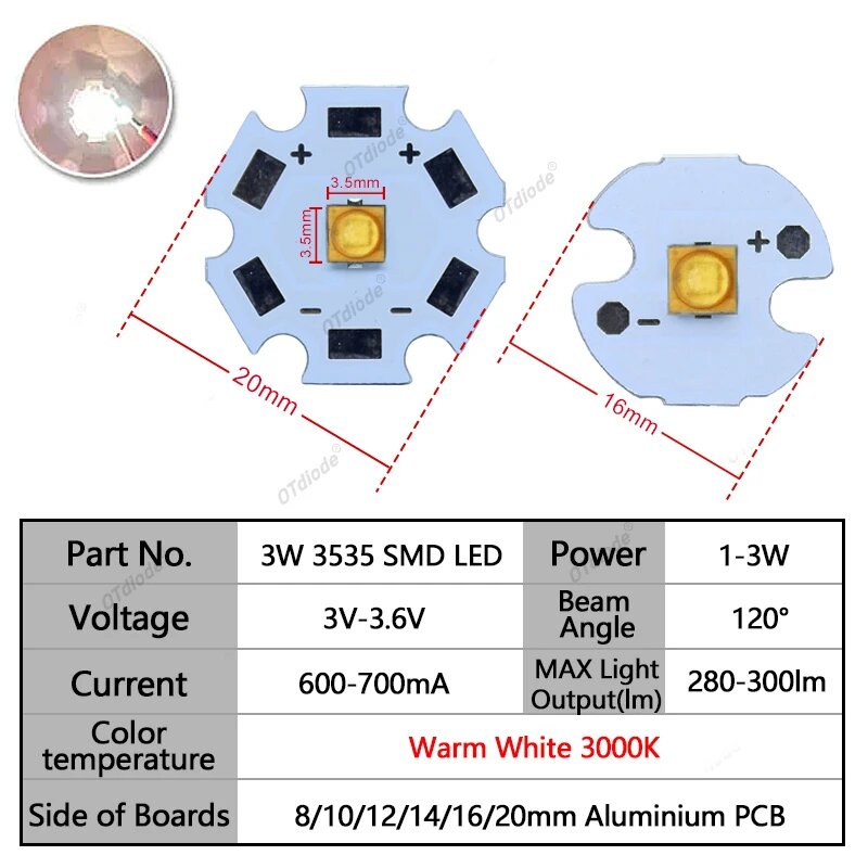 Светодиод 3W 3535 SMD Warm White 3000K 20mm