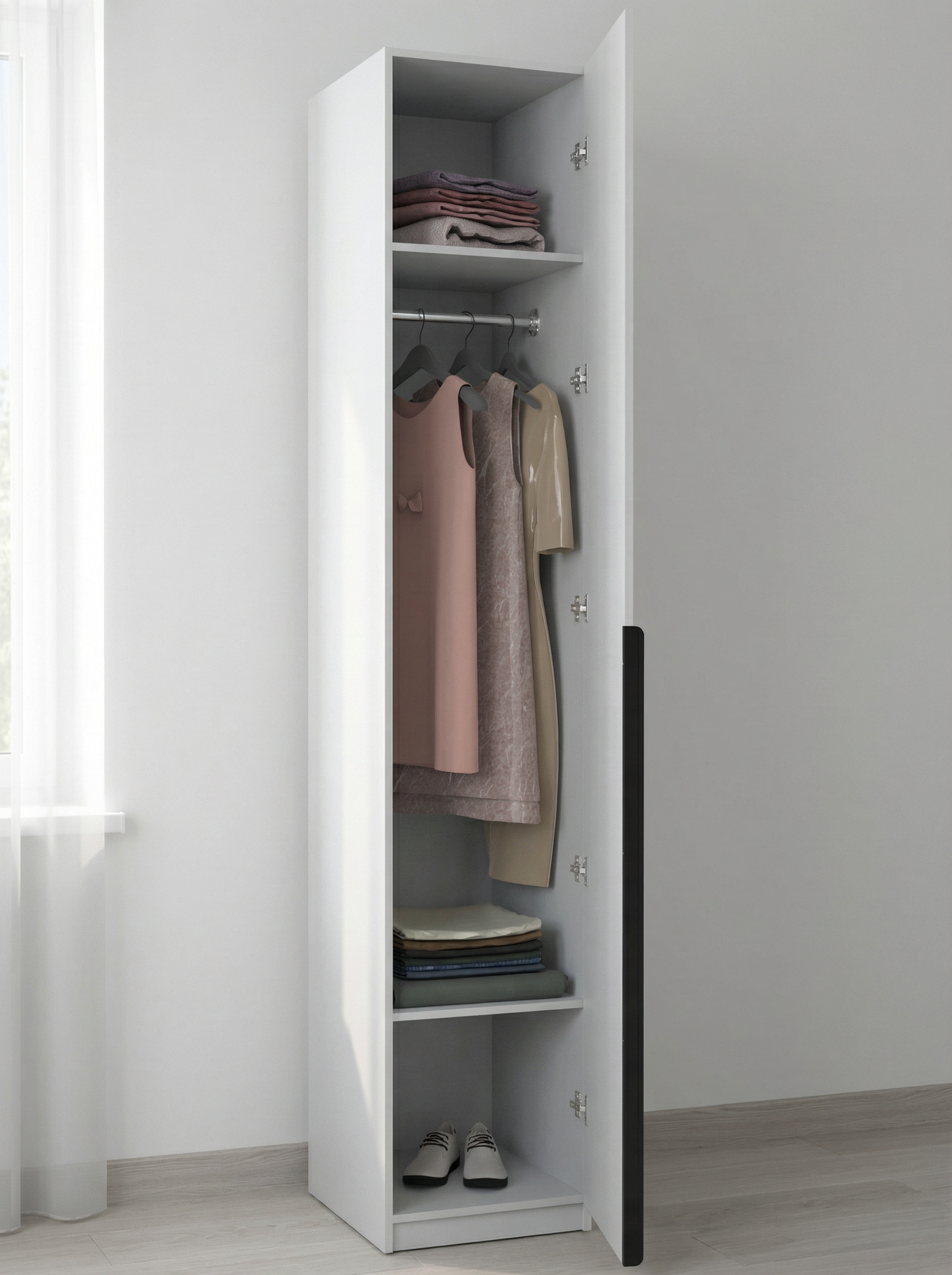 Шкаф-пенал Стич-11 со штангой для вешалок, полками и длинной ручкой, ШхГхВ: 45х50х240 см, белый