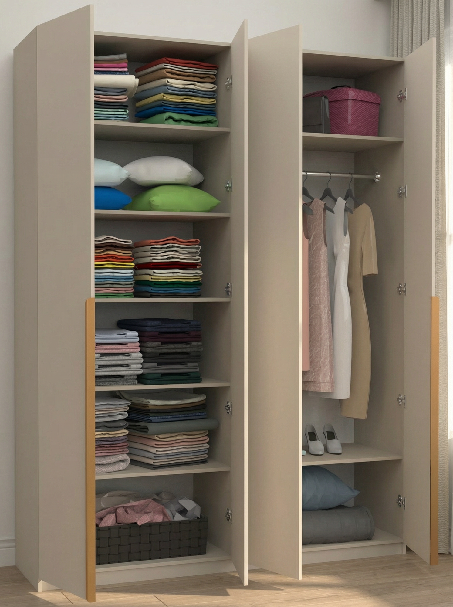 Шкаф четырехстворчатый распашной Стич-41 со штангой для вешалок и полками, ШхГхВ: 180х50х240 см, бежевый